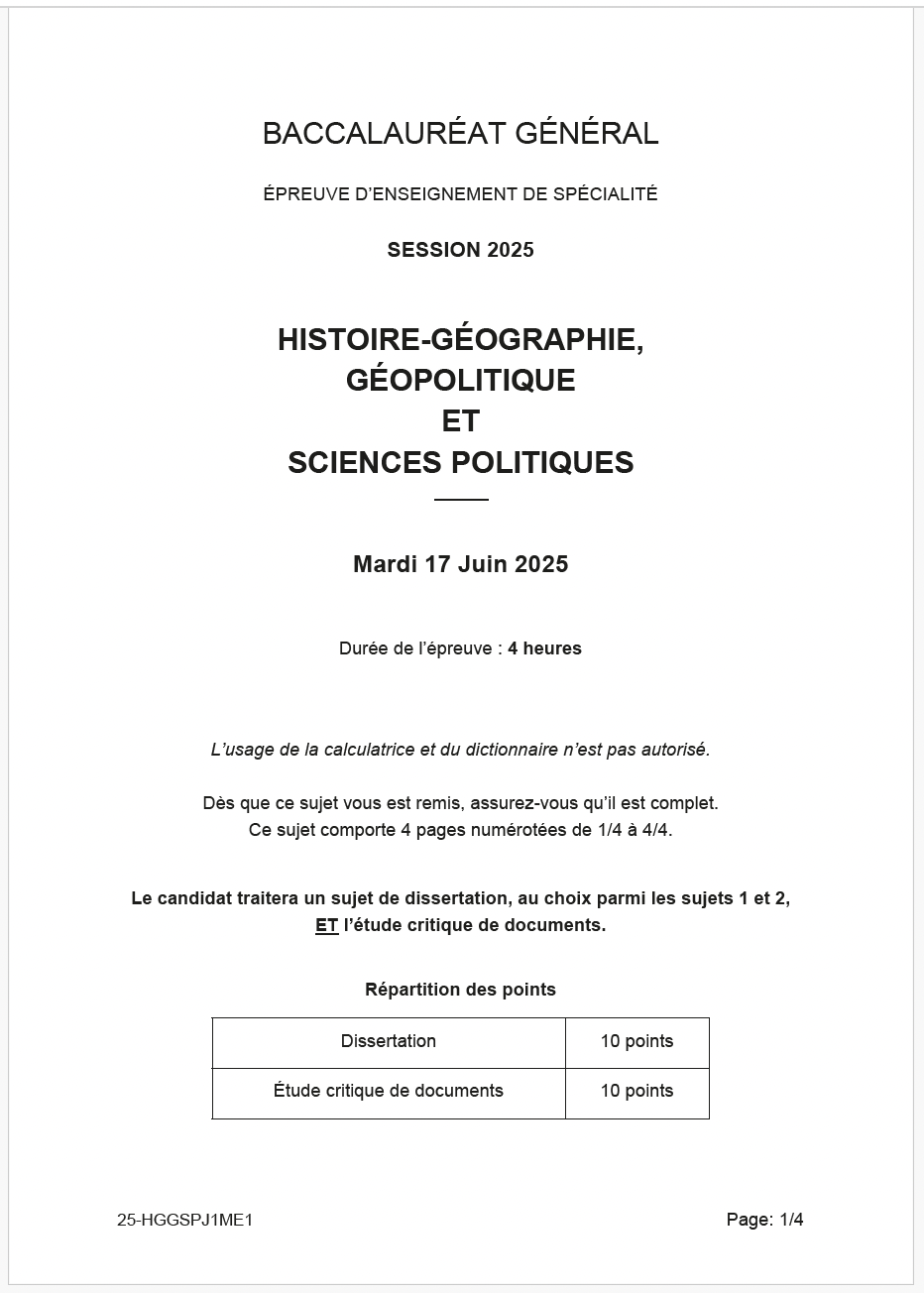 Sujet HGGSP bac 2025 et corrigé (jour 1) - digISchool