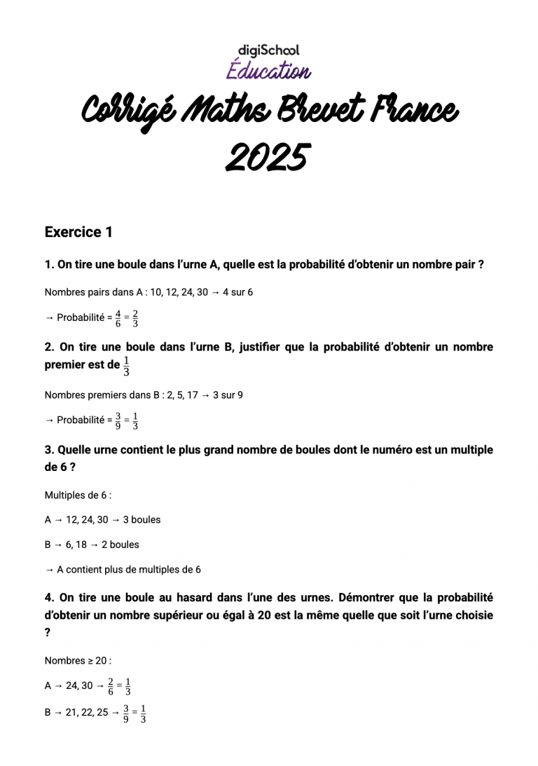Sujet brevet maths 2025 et corrigé - Actualités de digiSchool