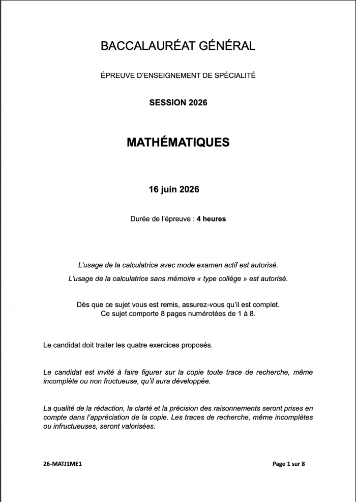 Bac maths 2026 : sujet et corrigé (jour 1 et 2) - digiSchool